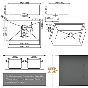 Ufaucet 28 Inch Black Undermount Kitchen Sink, 9 Inch Deep Stainless Steel Single Bowl Kitchen Sink, Modern 16 Gauge Dark Grey Nano Undermount Sink