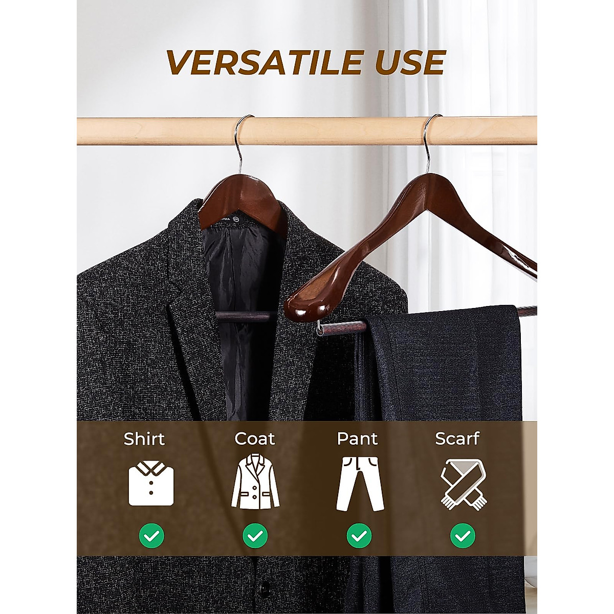 HOUSE DAY Wide Shoulder Wooden Hangers, Wood Suit Hangers with Non Slip Pant Holder, Heavy Duty Coat Hangers for Closet, Wooden Clothes Hangers for Suits, Coats, Jackets, Shirts (6 Pack, Walnut)