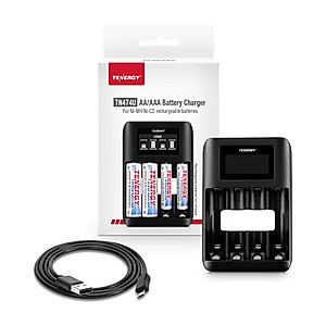 Tenergy TN474U 4-Bay NiMH/NiCD Battery Charger with LCD Display and USB Input, Portable Charger for AA/AAA NiMH and NiCD Batteries