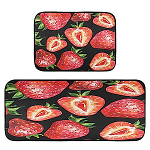 ALAZA Strawberry Red Black 2 Piece Kitchen Rug Floor Mat Set Runner Rugs Non-Slip for Kitchen Laundry Office 20" x 28" + 20" x 48"