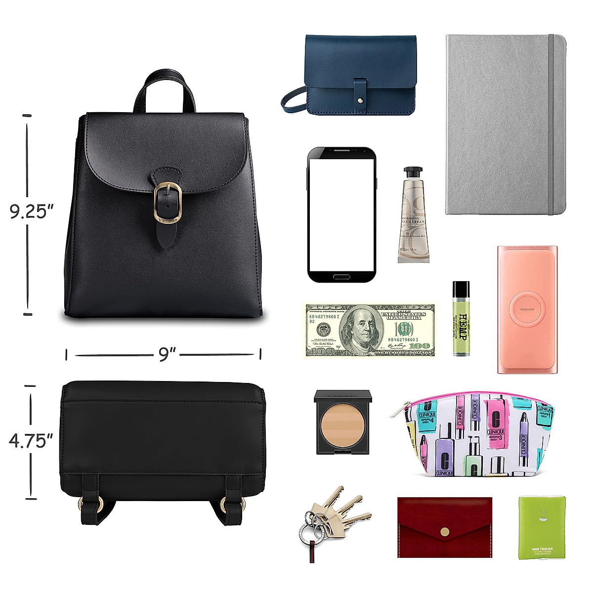 SUNLIGHT LEAVES Simple Vegan Leather Flap 3 Way Convertible Backpack For Women Classic Vintage Faux Leather Fashion Daypack (Black)