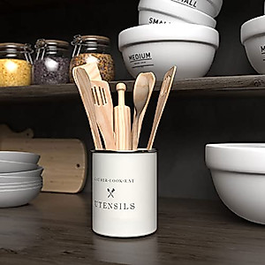 Barnyard Designs White Utensil Holder for Kitchen Countertop, Farmhouse Metal Utensil Crock, Rustic Country Decorative Kitchen Utensil Caddy Large, 5.5x6.75