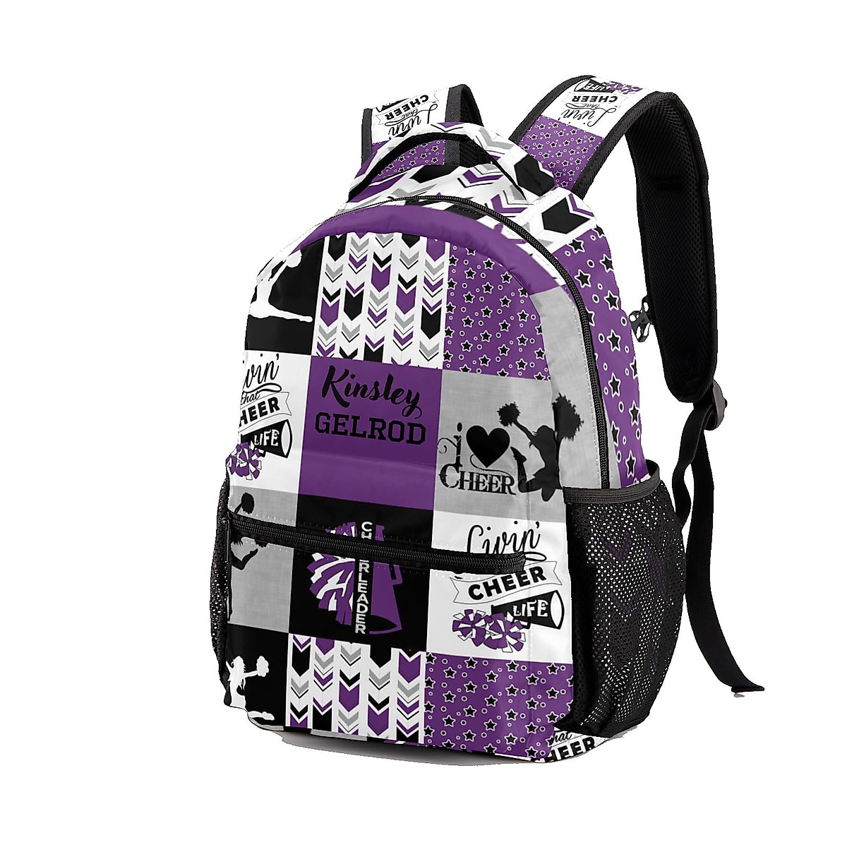 Urcustom Custom Kid Backpack, Grape I Love Cheer Cheerleader Personalized School Bookbag with Your Own Name, Customization Casual Bookbags for Student Girls Boys