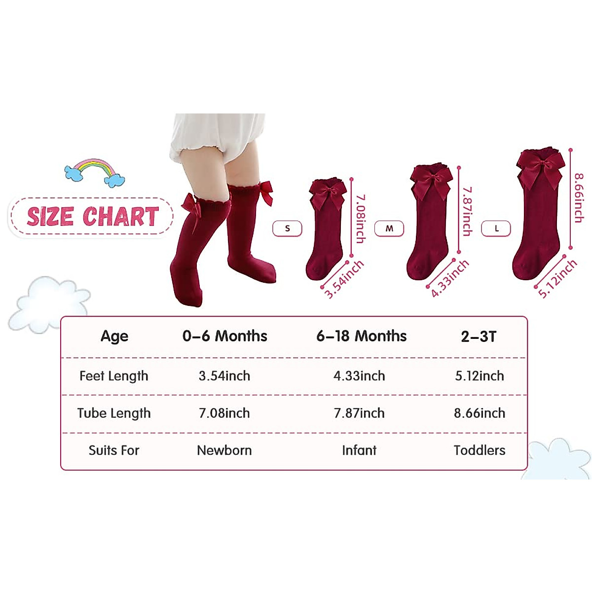Century Star Baby Girls Bow Knee High Socks Toddlers Ruffled Tube Socks Infant School Uniform Leggings Long Stockings 05Pcs White&Black&Pink&Grey&Red 6-18 Months