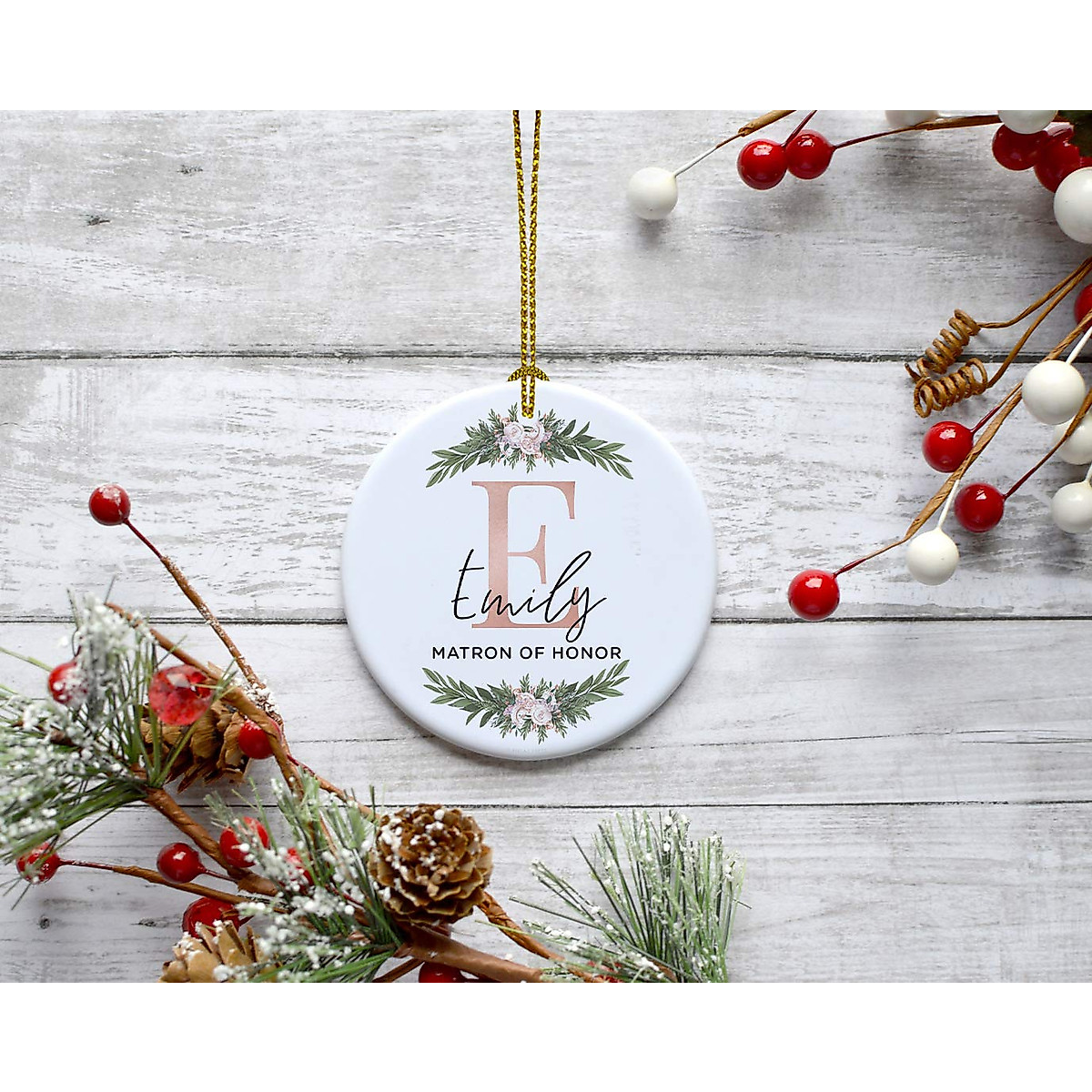 Andaz Press Personalized Round Ceramic Porcelain Christmas Tree Ornament Keepsake Collectible Matron of Honor Gift, Monogram Letter with Name, 1-Pack, Custom
