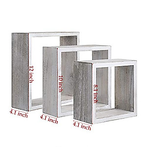 KMwares Set of 3 (12“/10”/8“) Rustic White Grey Paulownia Wood Square/Cube Farmhouse Floating Shelves Wall Mounted Storage/Bookshelf/Shadow Wall Boxes - Decoration for the Living Room, Bedroom, Office