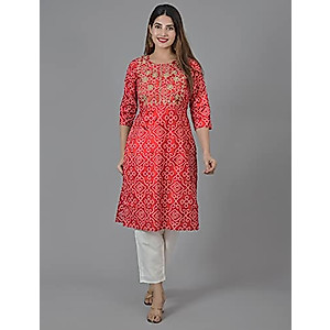 Vrnda Women's Cotton Straight Bandhej Printed kurta With Yoke Embroidery Red Kurti with White Pant and printed Dupatta Set (L)