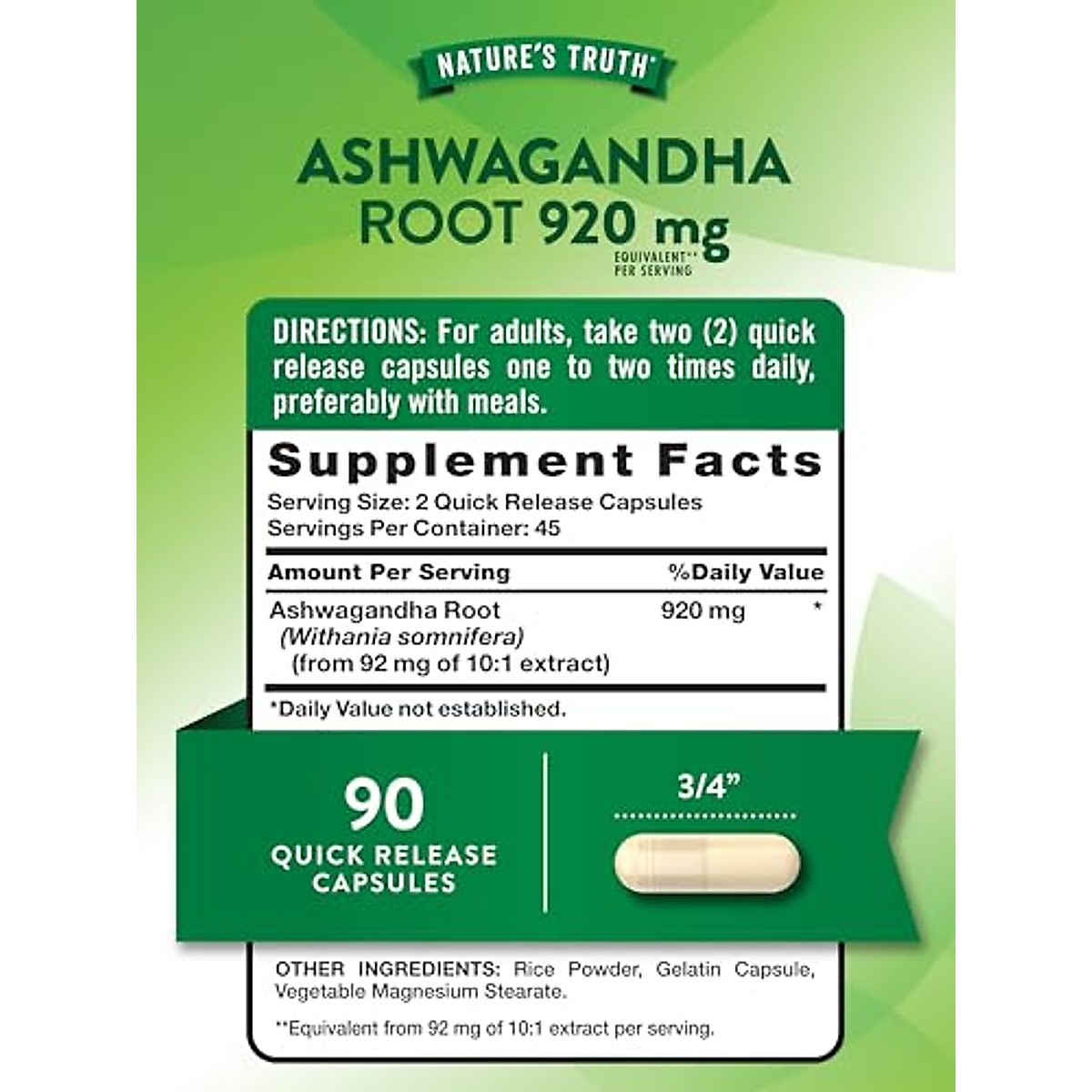 Nature's Truth Ashwagandha Capsules | 920 mg | 90 Count | Non-GMO & Gluten Free Supplement