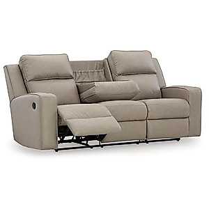 Signature Design by Ashley Lavenhorne Contemporary Faux Leather Manual Reclining Sofa with Drop Down Table, Cup Holders and USB Ports, Beige