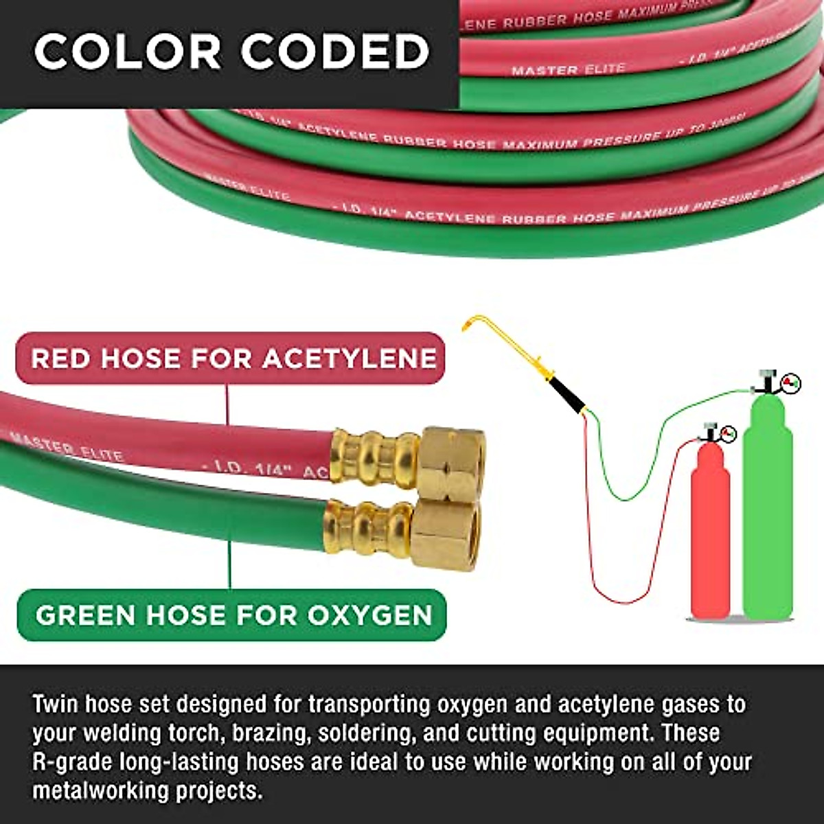 Master Elite 25 Foot Oxygen Acetylene Hose Twin Welding Hose Set, 1/4 Inch B Fittings, 9/16”-18 - Oxy Acetylene Cutting Torch Hoses, Welder Gas Hose Cut Metal, Green Red, Grade R, Fits Regulators