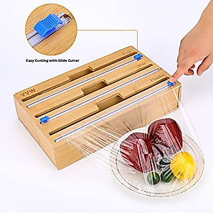 Bamboo Foil and Wrap Dispenser with Slide Cutter, 3 in 1 Plastic Wrap, Aluminum Foil and Wax Paper Organizer Holder Bamboo Tin Foil Roll Dispenser for Kitchen Drawer Compatible with 12 Inches Roll