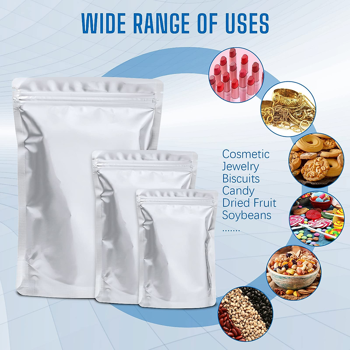 100 Pack Mylar Bags for Food Storage with 100x300cc Oxygen Absorbers - 9 Mil 10"x14" 6"x9" 4.3"x6.3" - Resealable Bags for Packaging Products & Ziplock Food Grade Bags for Storage