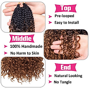 Unionbeauty 14 Inch Boho Box Braids Crochet Hair 8 Packs Goddess Box Braids Crochet Hair Curly Ends Pre-looped Bohemian Hippie Braids Ombre Synthetic Braiding Hair Extension for Black Woman 1B/30#