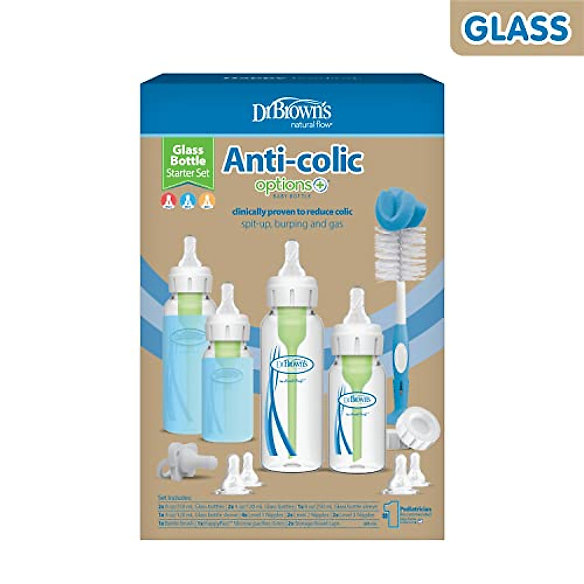 Dr. Brown's Natural Flow® Anti-Colic Options+™ Narrow Glass Baby Bottle Starter Set with Silicone Sleeves,Brush and Soft 100% Silicone HappyPaci™ Pacifier for Newborns