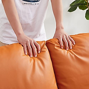 MOOSENG Mid-Century Loveseat Sofa, Upholstered Faux Leather Settee, 2 Seater Accent Chair with Extra-Thick Padded Seat and Back,Anti-Scratch Foot Mats, Couch for Small Spaces, Living Room,Orange