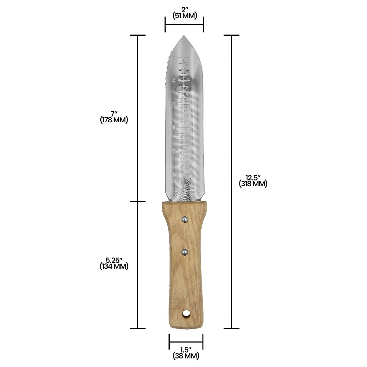 Zenport Soil Knife K248 ZenBori with Wood Handle, Sheath and Depth Measurement, Silver