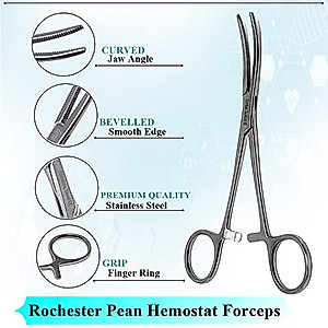 Pean Rochester Hemostat Forceps with Fully Serrated Curved Jaws Made of Stainless Steel Surgical Medical Lab Tweezers Clamps Veterinary Locking Pliers Used by Vet Tech Nurses (6.25 Inch)
