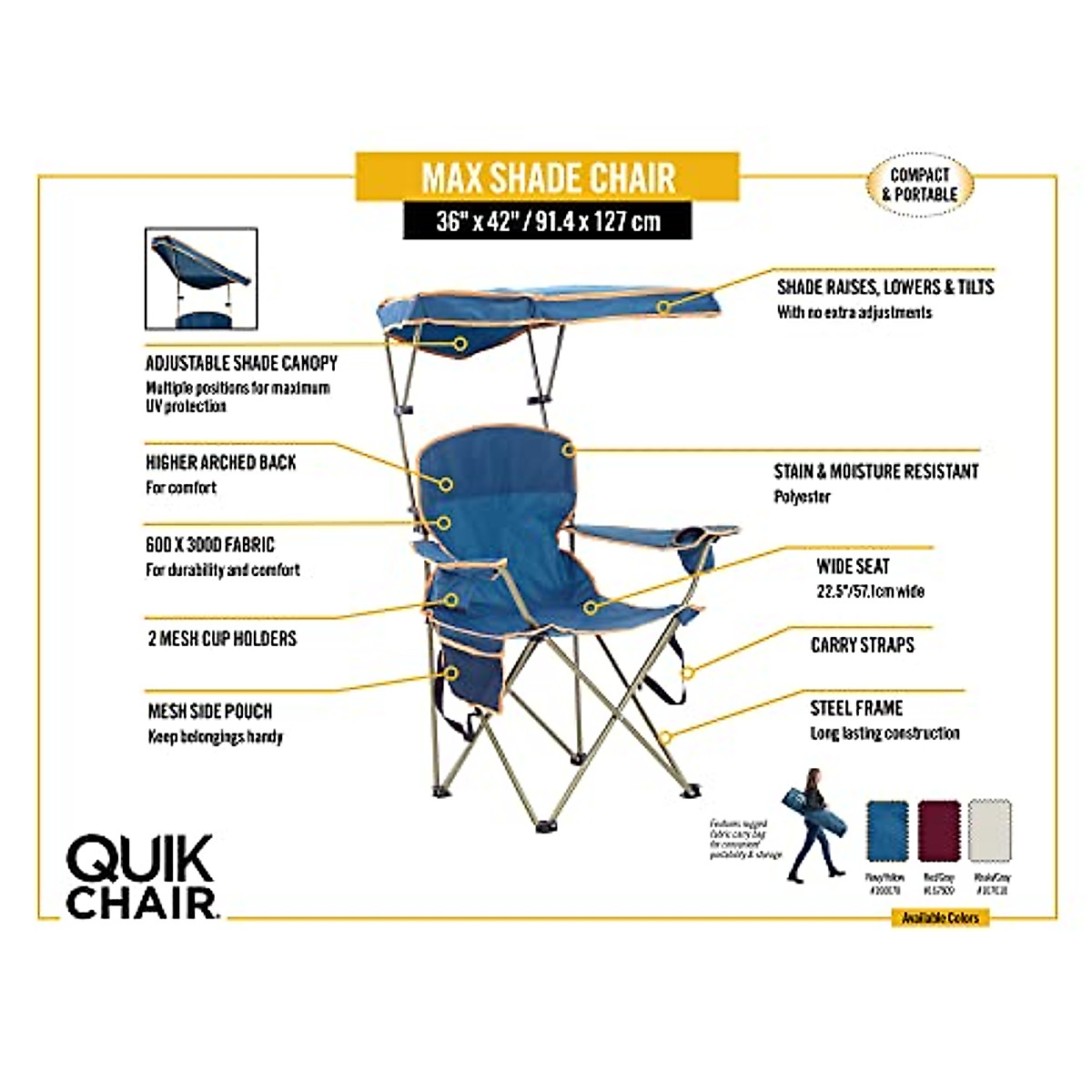 Quik Shade MAX Shade Relaxing Chair With Cup Holders, Foldable, Aluminum, Blue