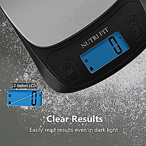 NUTRI FIT Ultra Slim Kitchen Scale Digital Food Weight Scale for Baking Cooking in Grams and Ounces Tare & Backlit LCD Display 11lb 5kg Capacity- Black/Stainless Steel