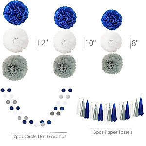 InBy 26pcs Tissue Paper Flower Pom Poms Party Decorations Kit Navy Blue Grey White Tassel Garland for Wedding First Birthday Bridal Baby Shower Graduation Bachelorette Party Supplies (12" 10" 8")