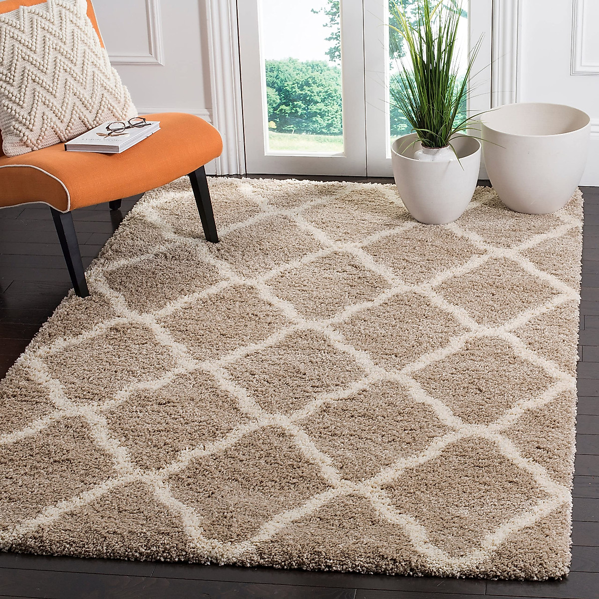 SAFAVIEH Hudson Shag Collection Area Rug - 8' x 10', Beige & Ivory, Moroccan Trellis Design, Non-Shedding & Easy Care, 2-inch Thick Ideal for High Traffic Areas in Living Room, Bedroom (SGH283S)
