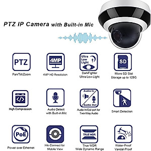 VIKVIZ 4MP PTZ IP Camera with 4X Optical Zoom 16X Digital Zoom,Ultra Low-Illumination,Audio Record,Speaker Port,66ft IR Night Vision,Built-in SD Slot,WDR Version OEM DS-2DE2A404IW-DE3