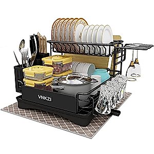 VNKZI Dish Drying Rack, 2 Tier Stainless Steel Multifunctional Large Dish Rack with Drainboard Set, Wine Glass Holder, Utensil Cutting Board Holder, Extra Drying Mat Set, for Kitchen Counter