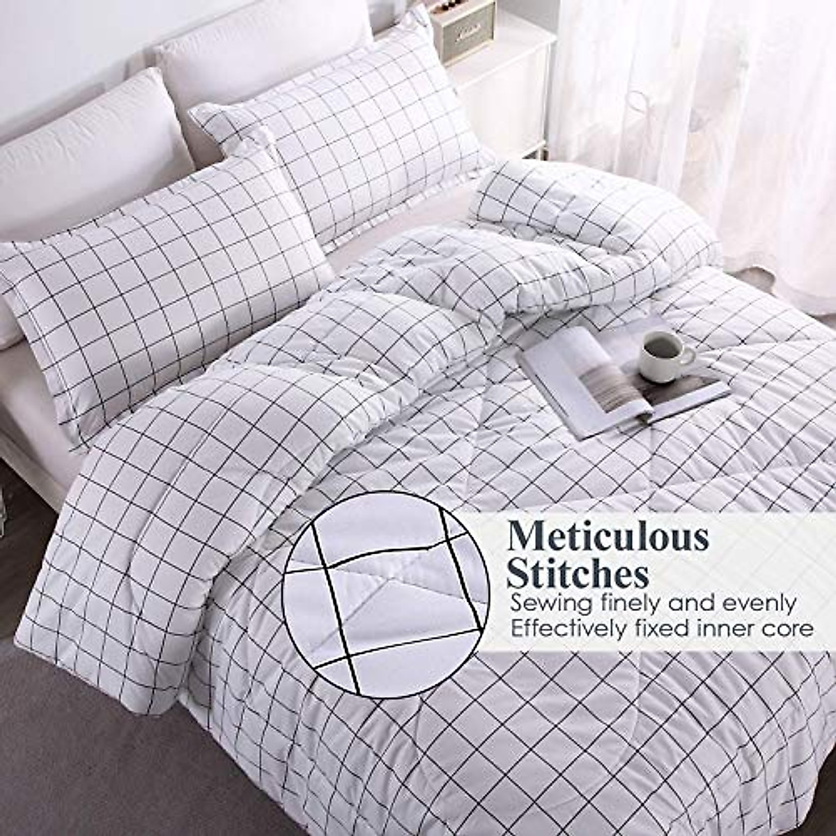 Andency White Grid Comforter Set Twin Size (66x90 Inch), 2 Pieces(1 Grid Comforter and 1 Pillowcase), Summer Lightweight Microfiber Down Alternative White Comforter with Black Lines for Kids Girls