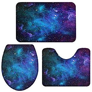 3 Piece Bath Rugs Sets, Colorful Starry Sky Universe Galaxy Non Slip Bathroom Carpet, Water Absorbent U-Shaped Toilet Mat, Toilet Lid Cover