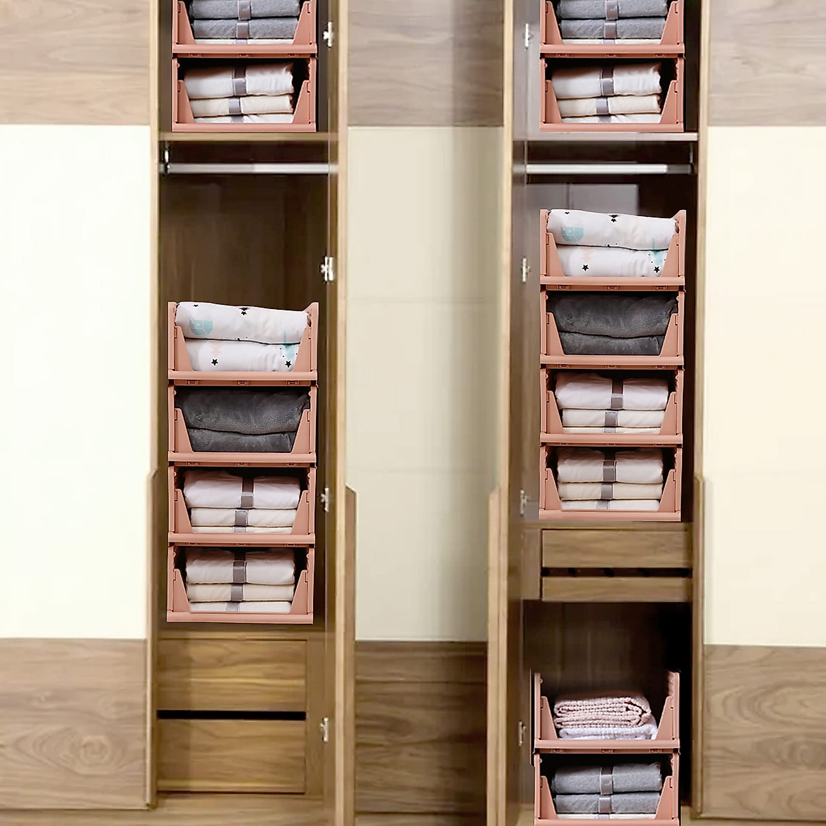 CYOIDAI Gywinovo souG 2 Pack (17x 13.2 x 7.3 inch) Stackable Plastic Storage Basket-Foldable Closet Organizers Storage Bins, Perfect for Kitchen, Office, Bedroom & Bathrooms(Pink)