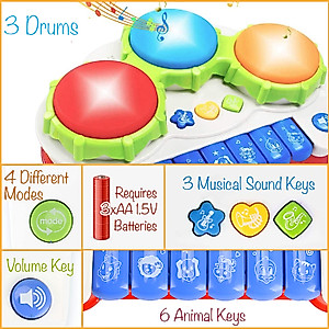 Baby Musical Keyboard Toy Piano for Toddlers 1-3, Drum Toy Set with Songs, Animal Sounds and Lights, Piano Xylophone for Kids Drums Montessori Learning Electronic Baby Instruments 12-18 Months