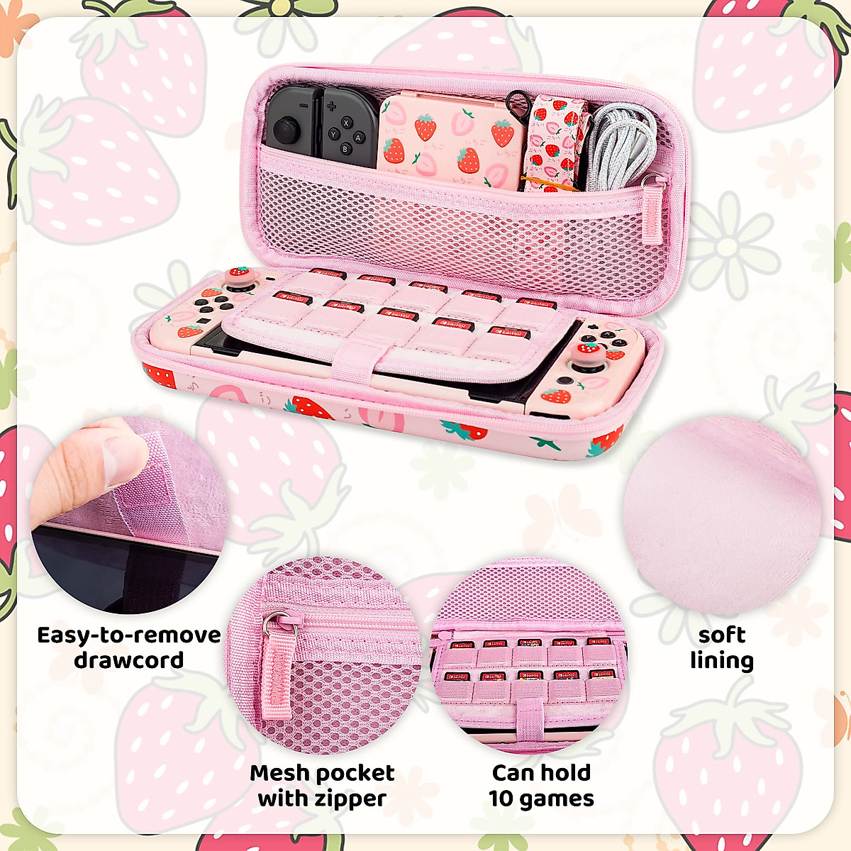 RHOTALL 6 in 1 Cute Strawberry Carrying Case Set for Nintendo Switch OLED,Portable Pink Travel bundle Case for Switch OLED Accessories,Protective Cover,Screen Protector,Shoulder Strap and 2 Thumb Caps