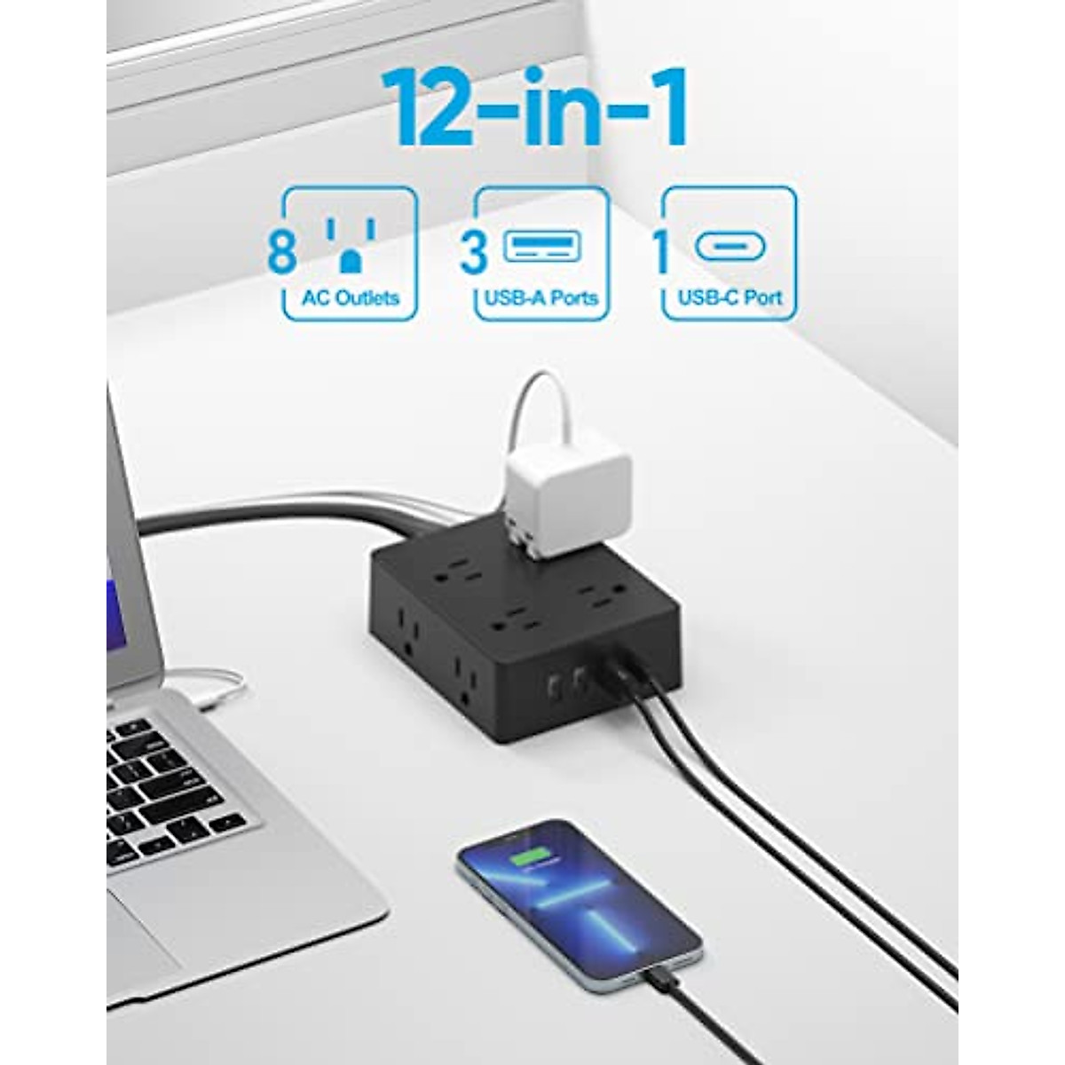 Cruise Essentials, Thin Plug Power Strip with 8 Outlets 4 USB Ports(1 USB C), 5ft Flat Extension Cord, Non Surge Power Strip for Cruise Ship Travel, Dorm Room Essentials