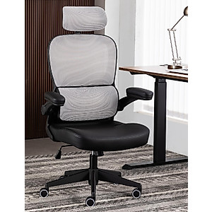 Ergonomic Mesh Office Chair High Back Desk Chair for Big and Tall People Adjustable Headrest with 2D Armrest Lumbar Support and PU Wheels Swivel Tilt Function Black (Black/Grey with Nylon Base)
