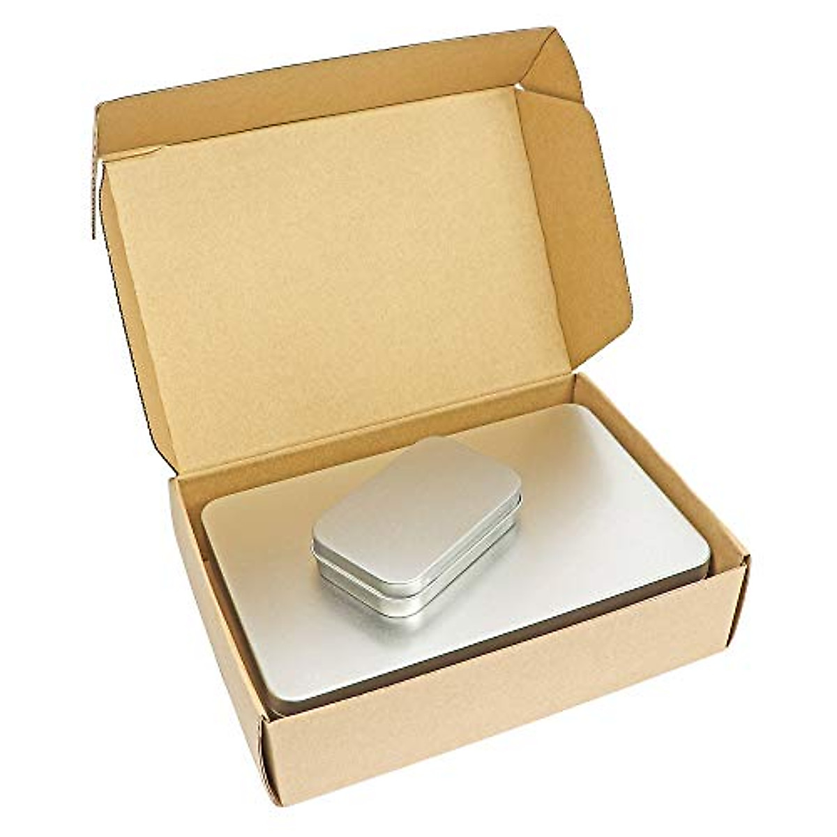 XL (8.5 x 5.3 x 1.9 In) Silver Metal Rectangular Empty Tin Box Containers for Gift Jewelry Craft Storage Organization with 1 Piece 3.75 by 2.45 by 0.8 Inch Hinged Small Tin Box (1 Large 1 Small)