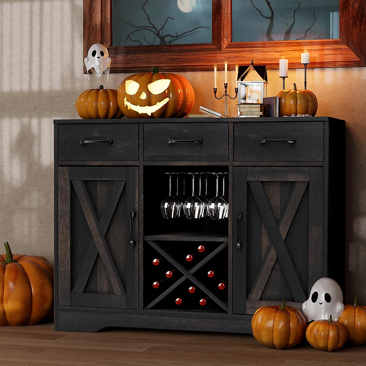 VVFLU Sideboard Buffet Cabinet with Storage Kitchen Farmhouse Coffee Bar Cabinet, Drawers, Removable Wine Rack, Wine Glass Rack, Barn Doors, Adjustable Shelves for Dinning Room, Brown (Dark Wood)