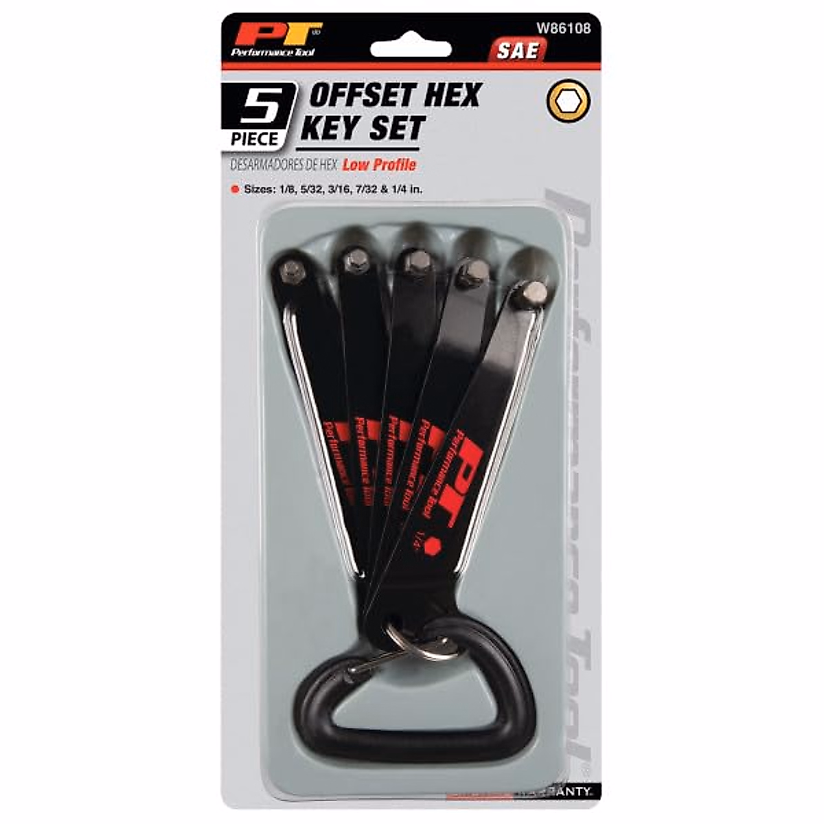 Performance Tool W86108 SAE Low Profile Offset Hex Key Wrench Tool Set for Workshops and Garages, Black, 5-Piece Set