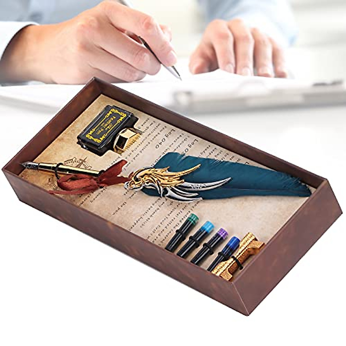 GOWENIC Calligraphy Pen Ink Set, Handcrafted Retro Quill Pen Set Quill Pen for Letter for Writing Gift Cards (Navy Blue)