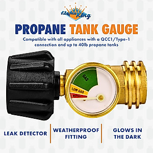 Flame King Propane Tank Gauge Level Indicator Leak Detector Gas Pressure Meter Color Coded & Glow in the Dark Universal for Cylinder, BBQ Gas Grill, RV Camper, Heater and More Appliances, Brass