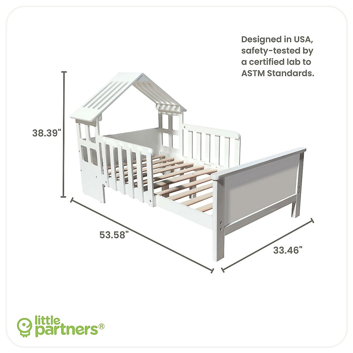 Little Partners Lil' House Toddler Bed - House Bed Design for Kids Bedroom Furniture - Children's Toddler Bed with Guard Rails, Low to Ground Modern Clean Design with Solid Wood (Soft White)