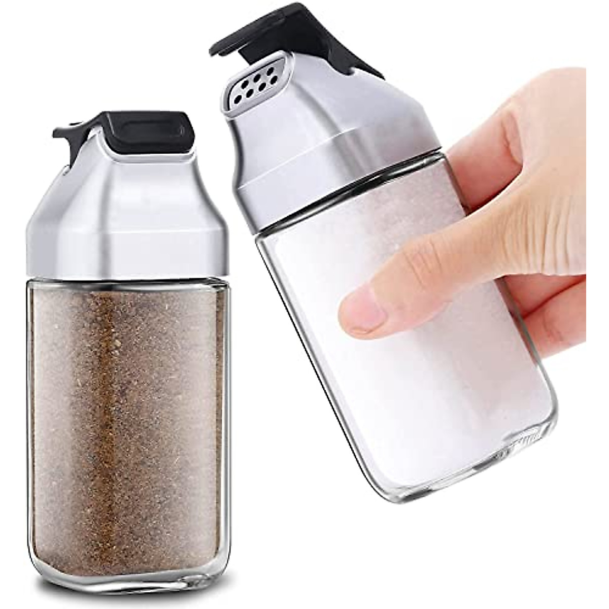 J&M Design Glass Salt and Pepper Shakers Set with Moisture Free Plastic Flip Lid for Kitchen Countertop or Travel Spice Seasoning Use - Set Of 2 Refillable Bottle Dispenser Container Shaker