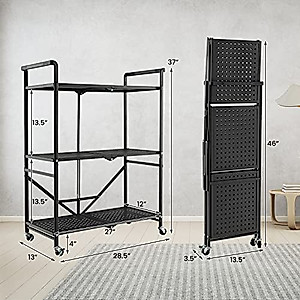 Giantex 3-Tier Folding Utility Cart, Storage Shelves on Wheels 2 Lockable Casters, Steel Rolling Shelving Units, Mobile Wire Rack for Kitchen Living Room Garage, Black (1, 28.5" Lx13 Wx 37" H)