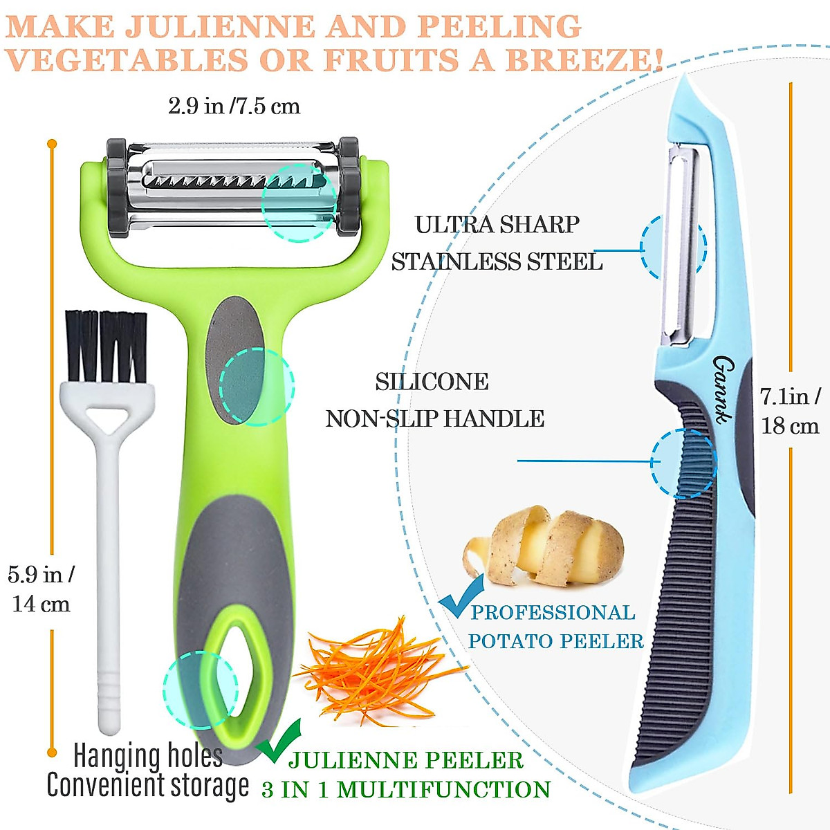 Potato Apple Vegetable Peelers for Kitchen, I and Y Peelers for Fruit Veggie Potatoes Carrot Cucumber, 3 in 1 Blade Spin Design With Julienne Function