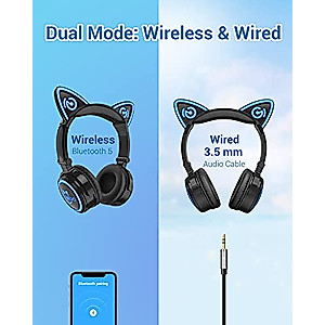 MindKoo Cat Ear Bluetooth Headphones with Microphone, LED Light Up Over Ear Headphones, Volume Control and Foldable Headset for Tablet/PC/iPad/Cell Phones, Gift for Kids Boys & Girls