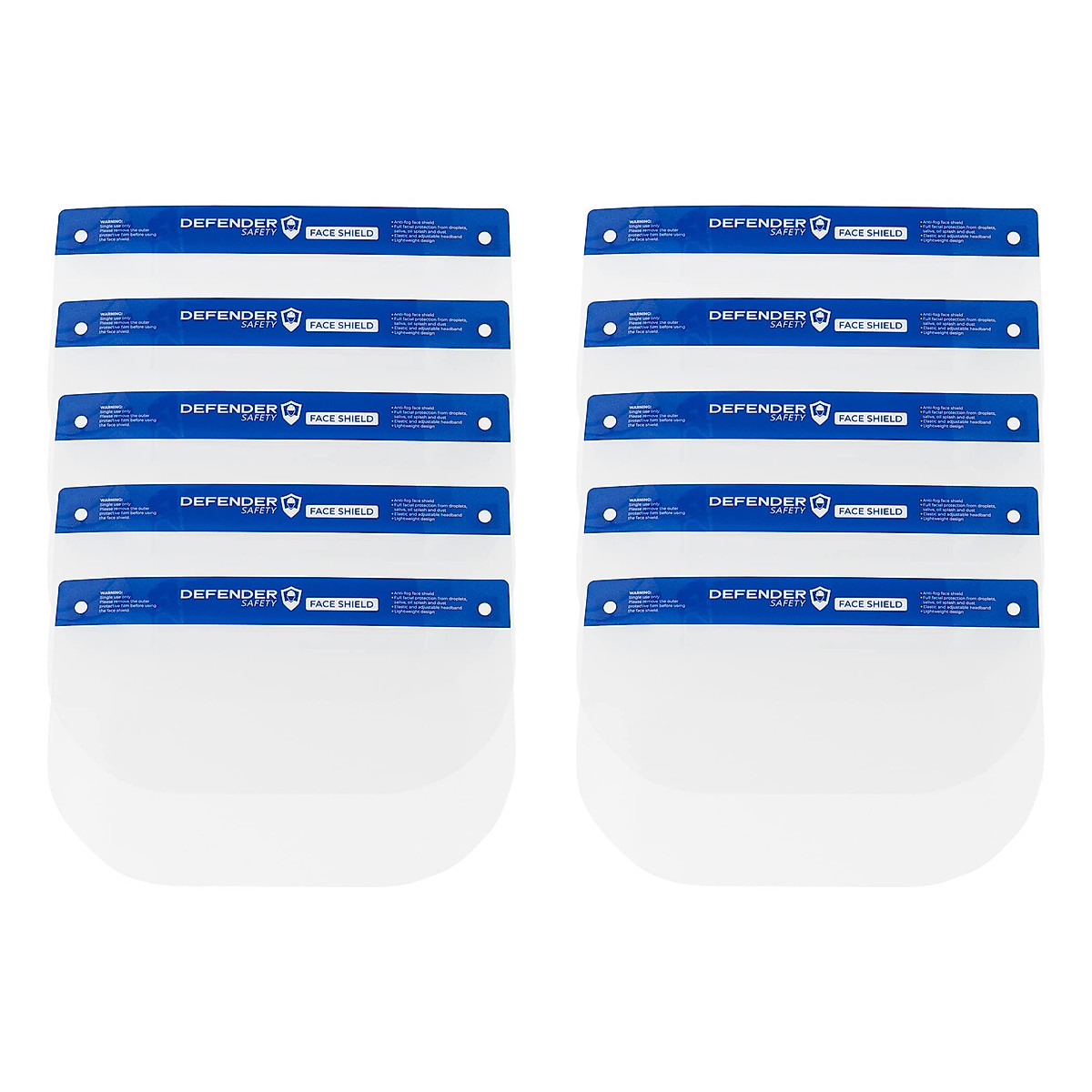 Defender Safety Face Shield 10 pack, All-Round Protection Headband with Clear Anti-Fog Lens, Lightweight Transparent Shield with Elastic Band