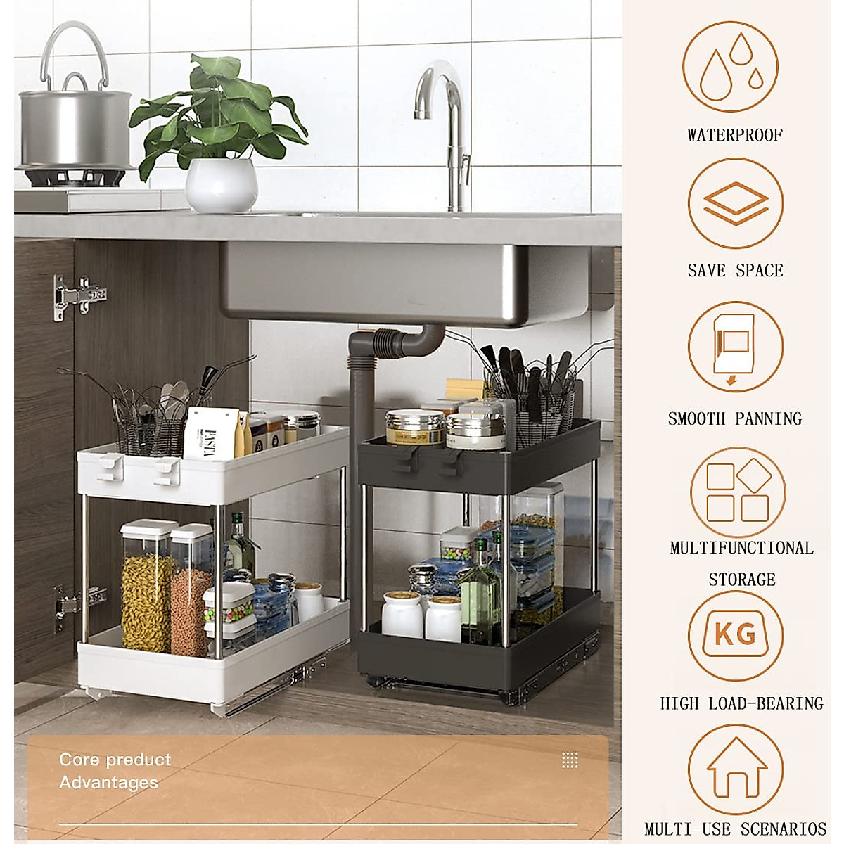 Under Sink Organizers and Storage, SIBONYU Kitchen Organization With Sliding Storage Drawer, 2 Tier Sliding Under Bathroom Cabinet Sink Organizer，White Multi-purpose Under Sink Shelf Organizer