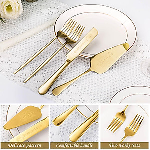 Personalized Cake Cutting Set for Wedding,4 Piece Wedding Cake Knife and Server set, Mr and Mrs Cake Cutter and Forks for Wedding, Birthday, Anniversary, Graduation Gift (gold)