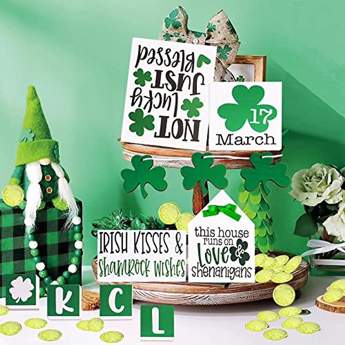 41PCS St Patricks Day Tiered Tray Decor,St Patricks Day Decor,Irish Decor for Home,Shamrock St. Patrick's Day Farmhouse Rustic Wood Signs Irish Themed Centerpieces for Office Kitchen Table Party Decor