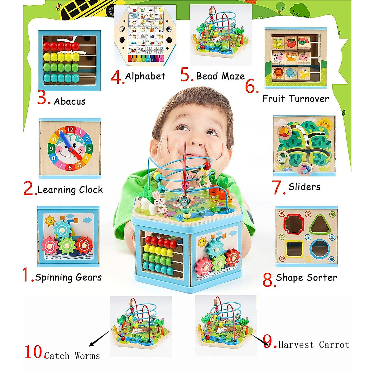 Vomocent Wooden Activity Cube for 1 Year Old Kids, Educational Learning Bead Maze for Toddler Age 1-3, Developmental Montessori Toys for 12-36 Months Boys Girls Gift