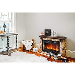 e-Flame USA Telluride Small LED Electric Fireplace Stove with Faux Wood and Stone Mantel - Remote - 3D Log and Fire - Improved Packaging for 2022, 33" Wide x 22" Tall